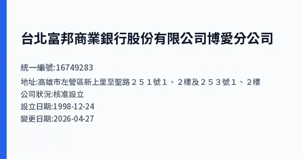 台北富邦商業銀行股份有限公司博愛分公司的照片-統編 16749283(高雄市) 公司登記資料與營業項目詳細圖表