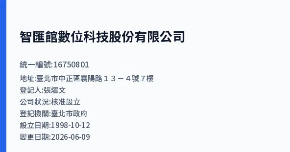 智匯館數位科技股份有限公司的照片-統編 16750801(臺北市) 公司登記資料與營業項目詳細圖表