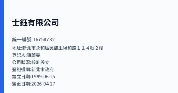 士鈺有限公司的照片-統編 16758732(新北市) 公司登記資料與營業項目詳細圖表
