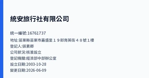 統安旅行社有限公司的照片-統編 16761737(苗栗縣) 公司登記資料與營業項目詳細圖表