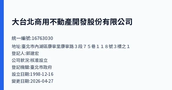 大台北商用不動產開發股份有限公司的照片-統編 16763030(臺北市) 公司登記資料與營業項目詳細圖表