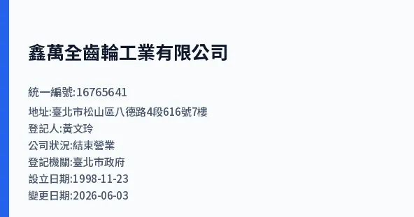鑫萬全齒輪工業有限公司的照片-統編 16765641(臺北市) 公司登記資料與營業項目詳細圖表