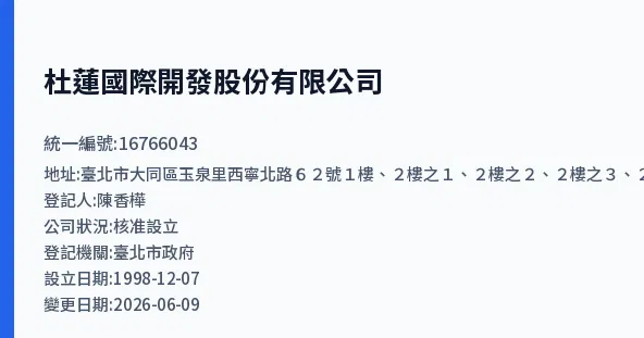 杜蓮國際開發股份有限公司的照片-統編 16766043(臺北市) 公司登記資料與營業項目詳細圖表