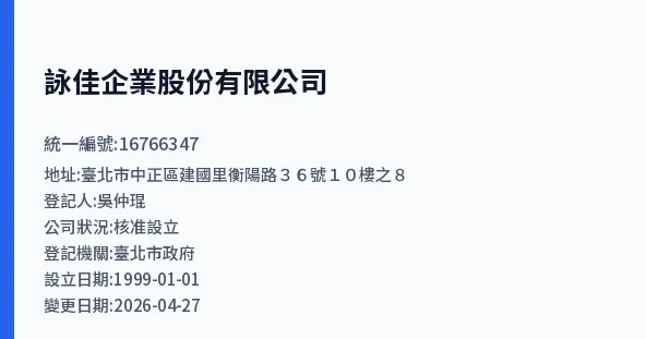 詠佳企業股份有限公司的照片-統編 16766347(臺北市) 公司登記資料與營業項目詳細圖表