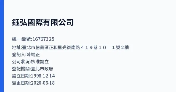 鈺弘國際有限公司的照片-統編 16767325(臺北市) 公司登記資料與營業項目詳細圖表