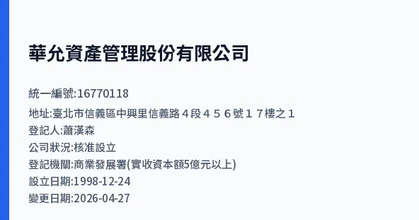 華允資產管理股份有限公司的照片-統編 16770118(臺北市) 公司登記資料與營業項目詳細圖表