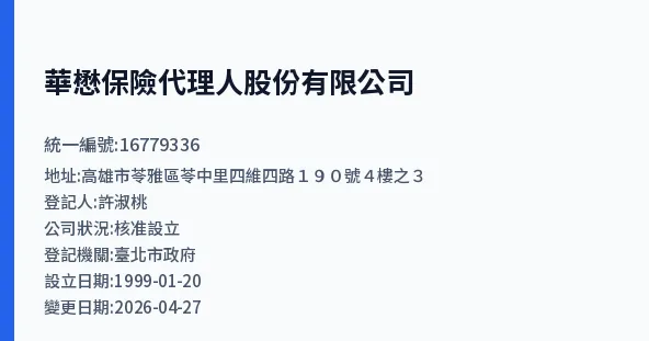 華懋保險代理人股份有限公司的照片-統編 16779336(高雄市) 公司登記資料與營業項目詳細圖表