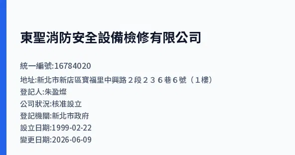 東聖消防安全設備檢修有限公司的照片-統編 16784020(新北市) 公司登記資料與營業項目詳細圖表