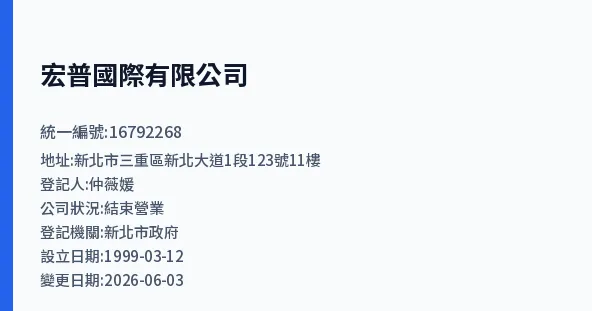 宏普國際有限公司的照片-統編 16792268(新北市) 公司登記資料與營業項目詳細圖表