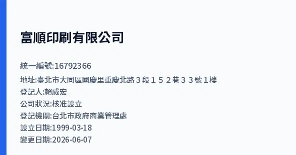 富順印刷有限公司的照片-統編 16792366(臺北市) 公司登記資料與營業項目詳細圖表