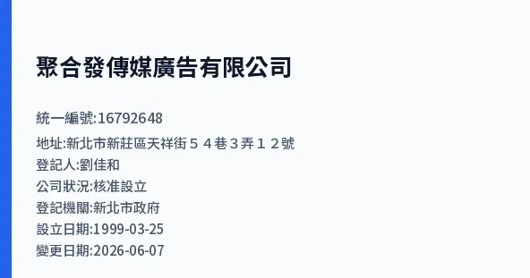 聚合發傳媒廣告有限公司的照片-統編 16792648(新北市) 公司登記資料與營業項目詳細圖表