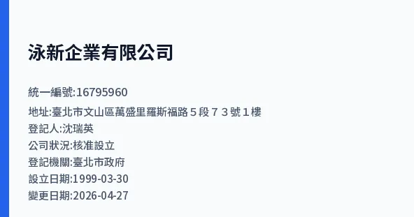 泳新企業有限公司的照片-統編 16795960(臺北市) 公司登記資料與營業項目詳細圖表