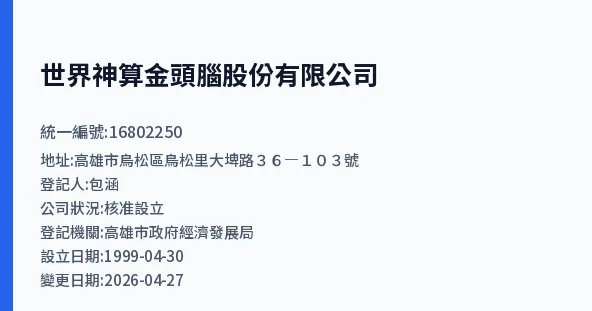 世界神算金頭腦股份有限公司的照片-統編 16802250(高雄市) 公司登記資料與營業項目詳細圖表