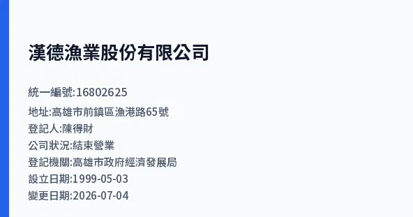 漢德漁業股份有限公司的照片-統編 16802625(高雄市) 公司登記資料與營業項目詳細圖表
