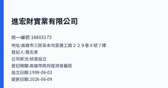 進宏財實業有限公司的照片-統編 16803173(高雄市) 公司登記資料與營業項目詳細圖表