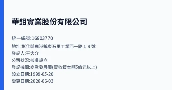 華鉬實業股份有限公司的照片-統編 16803770(彰化縣) 公司登記資料與營業項目詳細圖表