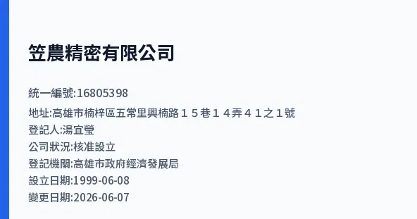 笠農精密有限公司的照片-統編 16805398(高雄市) 公司登記資料與營業項目詳細圖表