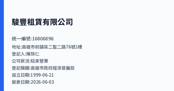 駿豐租賃有限公司的照片-統編 16806896(高雄市) 公司登記資料與營業項目詳細圖表