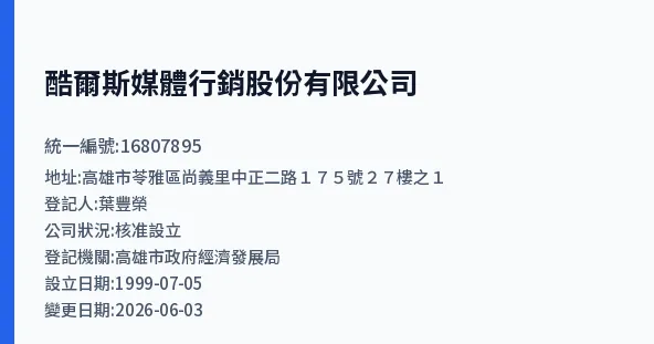 酷爾斯媒體行銷股份有限公司的照片-統編 16807895(高雄市) 公司登記資料與營業項目詳細圖表