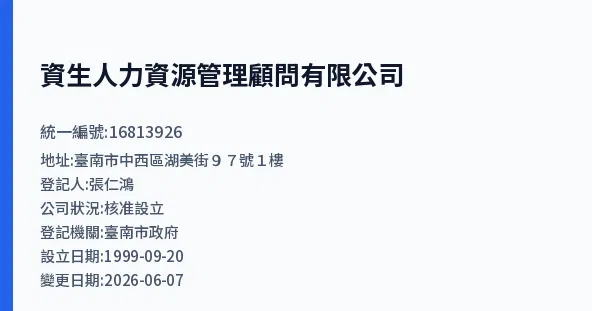資生人力資源管理顧問有限公司的照片-統編 16813926(臺南市) 公司登記資料與營業項目詳細圖表