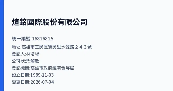 煊銘國際股份有限公司的照片-統編 16816825(高雄市) 公司登記資料與營業項目詳細圖表