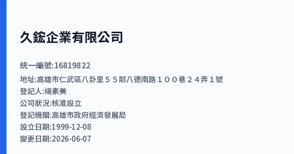 久鋐企業有限公司的照片-統編 16819822(高雄市) 公司登記資料與營業項目詳細圖表