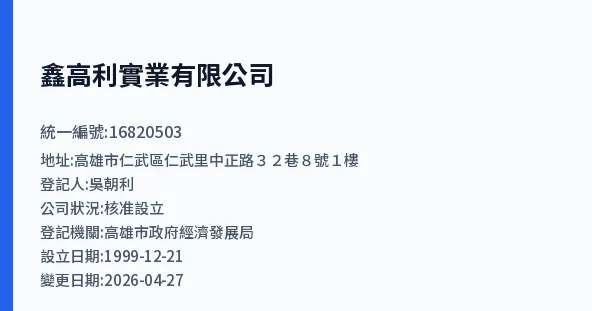 鑫高利實業有限公司的照片-統編 16820503(高雄市) 公司登記資料與營業項目詳細圖表