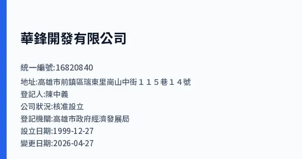 華鋒開發有限公司的照片-統編 16820840(高雄市) 公司登記資料與營業項目詳細圖表