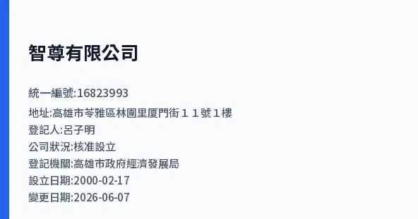 智尊有限公司的照片-統編 16823993(高雄市) 公司登記資料與營業項目詳細圖表