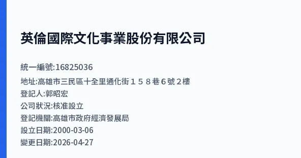 英倫國際文化事業股份有限公司的照片-統編 16825036(高雄市) 公司登記資料與營業項目詳細圖表