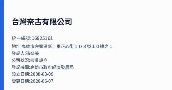 台灣奈古有限公司的照片-統編 16825161(高雄市) 公司登記資料與營業項目詳細圖表