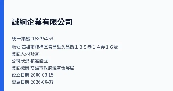 誠綱企業有限公司的照片-統編 16825459(高雄市) 公司登記資料與營業項目詳細圖表