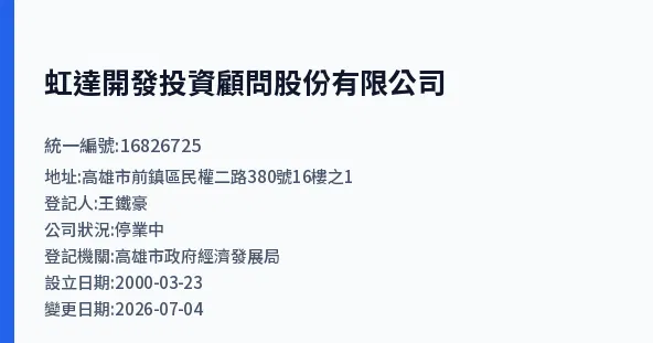 虹達開發投資顧問股份有限公司的照片-統編 16826725(高雄市) 公司登記資料與營業項目詳細圖表