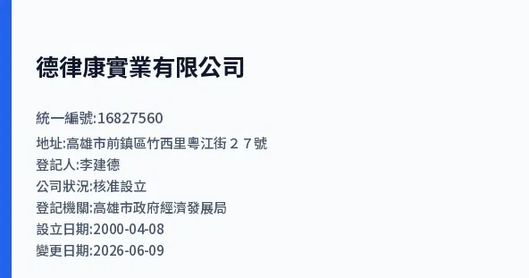 德律康實業有限公司的照片-統編 16827560(高雄市) 公司登記資料與營業項目詳細圖表