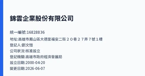 錦雲企業股份有限公司的照片-統編 16828836(高雄市) 公司登記資料與營業項目詳細圖表
