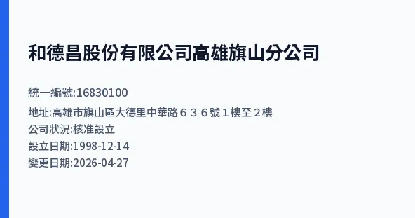 和德昌股份有限公司高雄旗山分公司的照片-統編 16830100(高雄市) 公司登記資料與營業項目詳細圖表