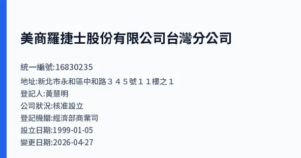 美商羅捷士股份有限公司台灣分公司的照片-統編 16830235(新北市) 公司登記資料與營業項目詳細圖表