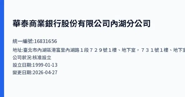 華泰商業銀行股份有限公司內湖分公司的照片-統編 16831656(臺北市) 公司登記資料與營業項目詳細圖表