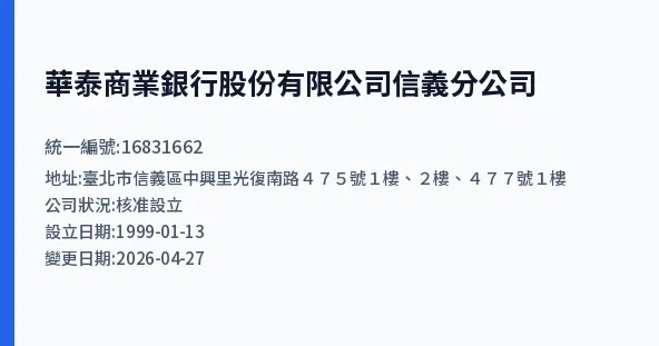 華泰商業銀行股份有限公司信義分公司的照片-統編 16831662(臺北市) 公司登記資料與營業項目詳細圖表