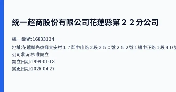 統一超商股份有限公司花蓮縣第22分公司的照片-統編 16833134(花蓮縣) 公司登記資料與營業項目詳細圖表