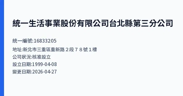 統一生活事業股份有限公司台北縣第三分公司的照片-統編 16833205(新北市) 公司登記資料與營業項目詳細圖表