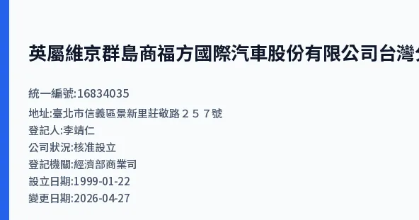 英屬維京群島商福方國際汽車股份有限公司台灣分公司的照片-統編 16834035(臺北市) 公司登記資料與營業項目詳細圖表