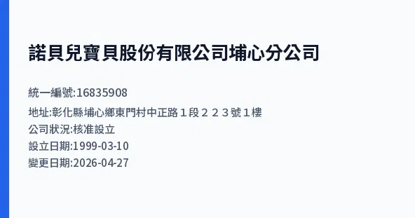 諾貝兒寶貝股份有限公司埔心分公司的照片-統編 16835908(彰化縣) 公司登記資料與營業項目詳細圖表