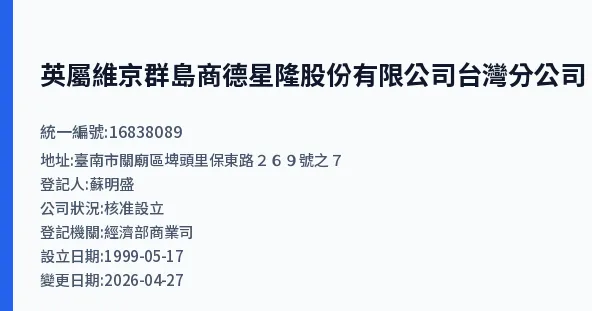 英屬維京群島商德星隆股份有限公司台灣分公司的照片-統編 16838089(臺南市) 公司登記資料與營業項目詳細圖表