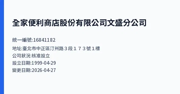 全家便利商店股份有限公司文盛分公司的照片-統編 16841182(臺北市) 公司登記資料與營業項目詳細圖表