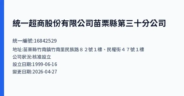 統一超商股份有限公司苗栗縣第三十分公司的照片-統編 16842529(苗栗縣) 公司登記資料與營業項目詳細圖表