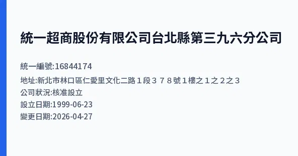統一超商股份有限公司台北縣第三九六分公司的照片-統編 16844174(新北市) 公司登記資料與營業項目詳細圖表