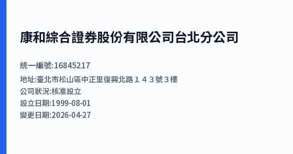 康和綜合證券股份有限公司台北分公司的照片-統編 16845217(臺北市) 公司登記資料與營業項目詳細圖表