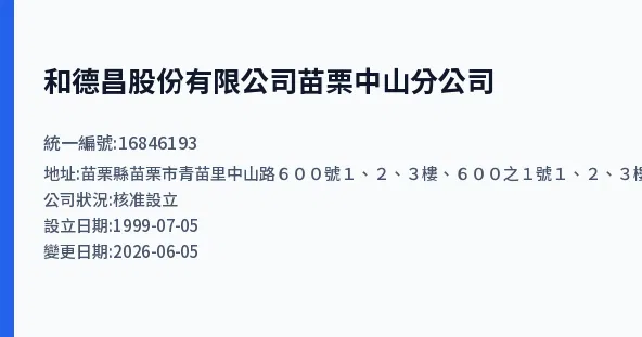 和德昌股份有限公司苗栗中山分公司的照片-統編 16846193(苗栗縣) 公司登記資料與營業項目詳細圖表