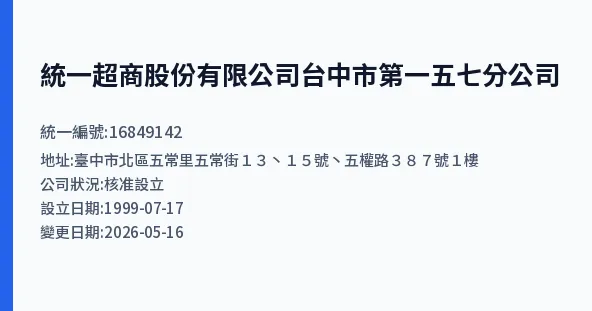 統一超商股份有限公司台中市第一五七分公司的照片-統編 16849142(臺中市) 公司登記資料與營業項目詳細圖表